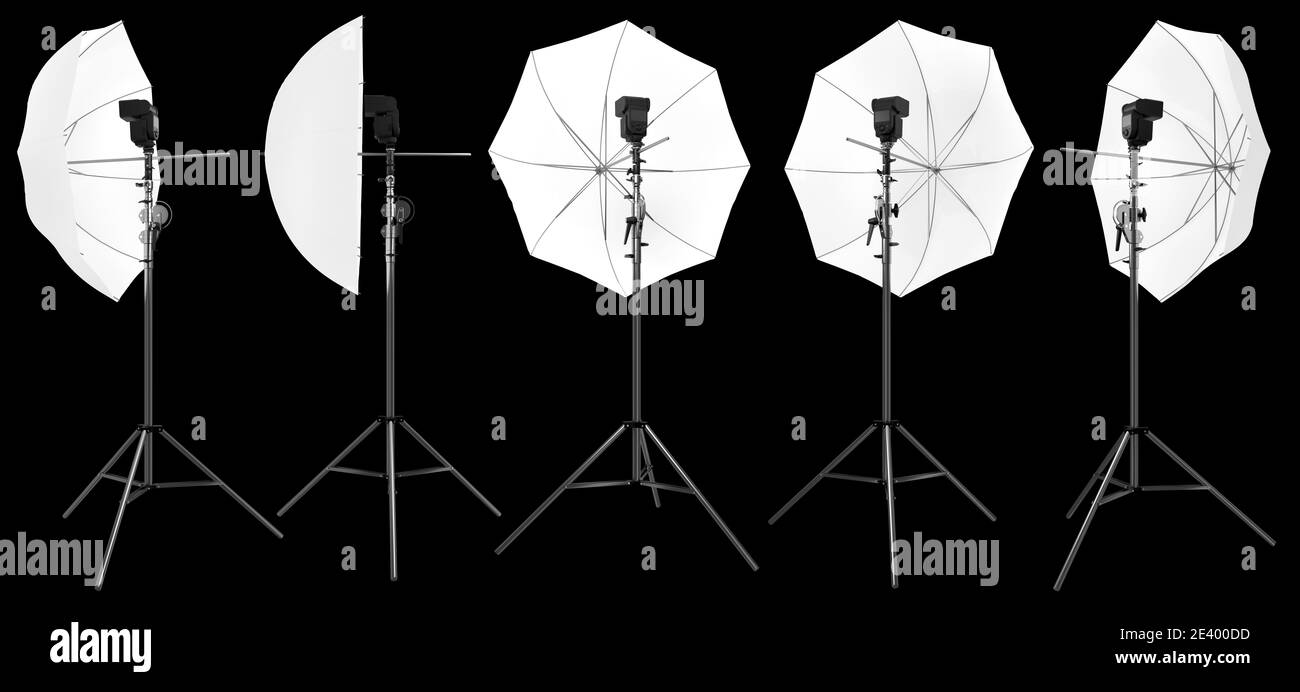 Photography studio lighting stand with speedlight and umbrella isolated ...
