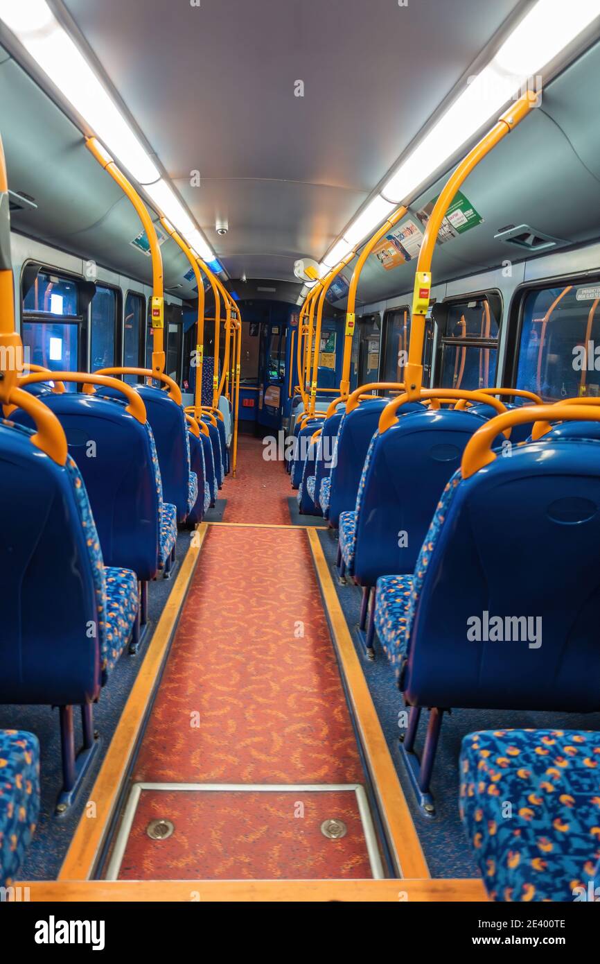 interior view of bus seating from the rear of a bus at night Stock ...