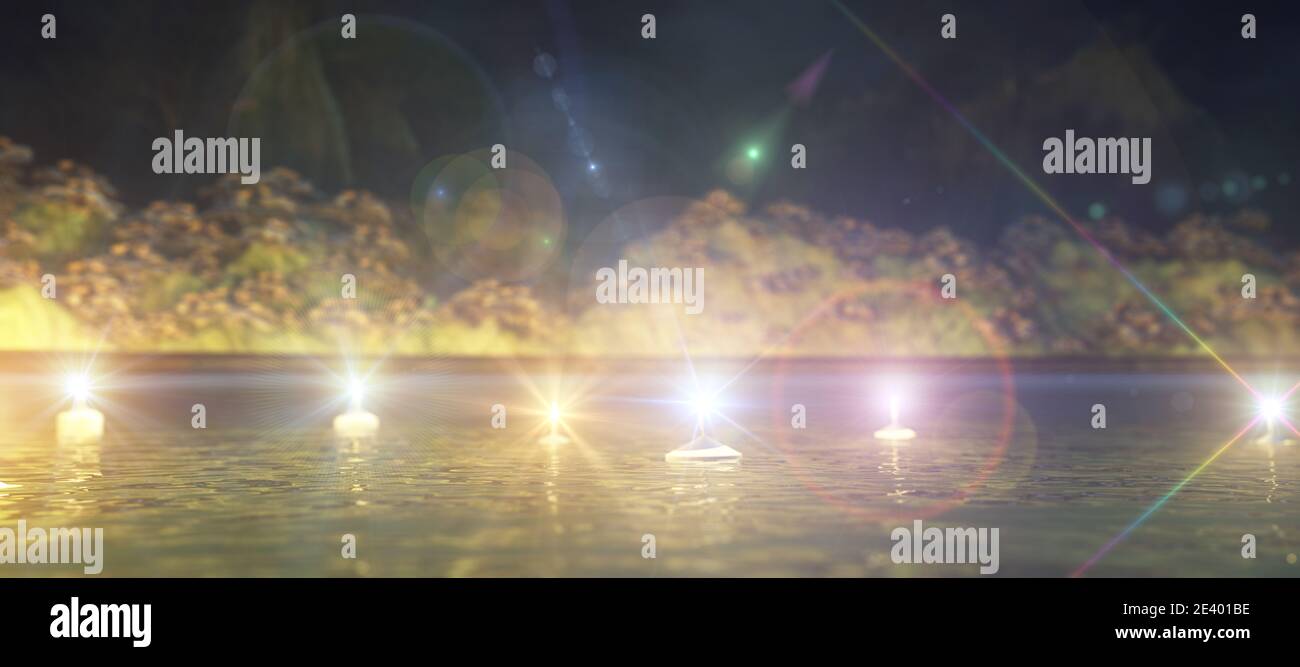 Abstract night background with candles in the water, 3d rendering ...