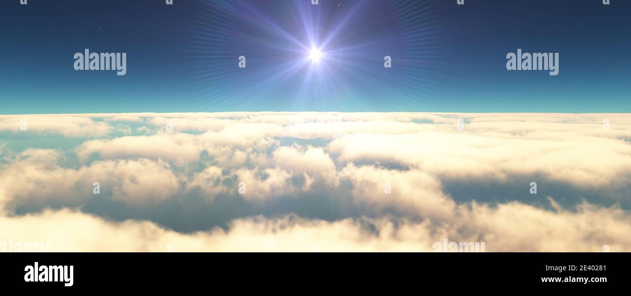 fly above clouds sunset landscape. 3d render illustration Stock Photo ...