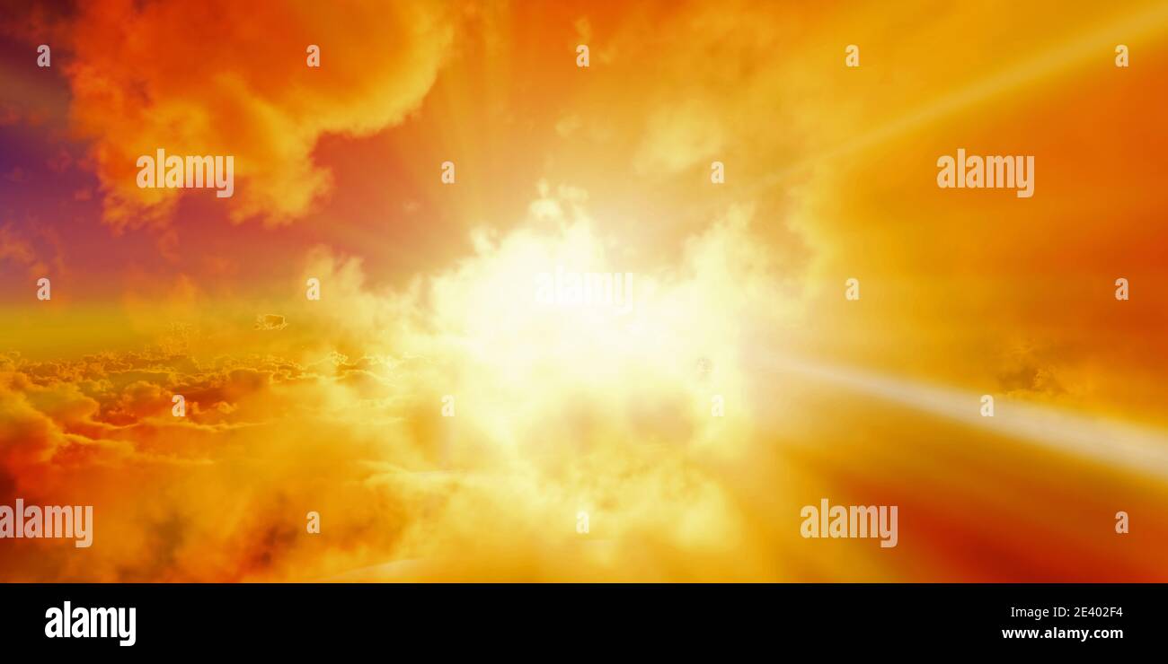 above clouds sun ray sunset. 3d render illustration Stock Photo - Alamy