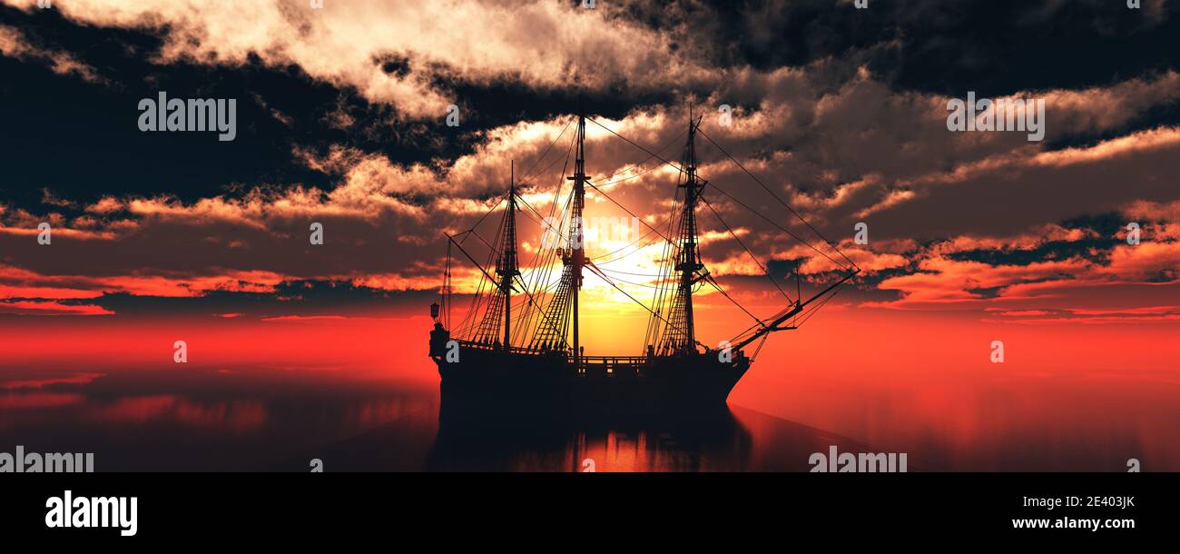 old ship sunset at sea 3d rendering illustration Stock Photo - Alamy