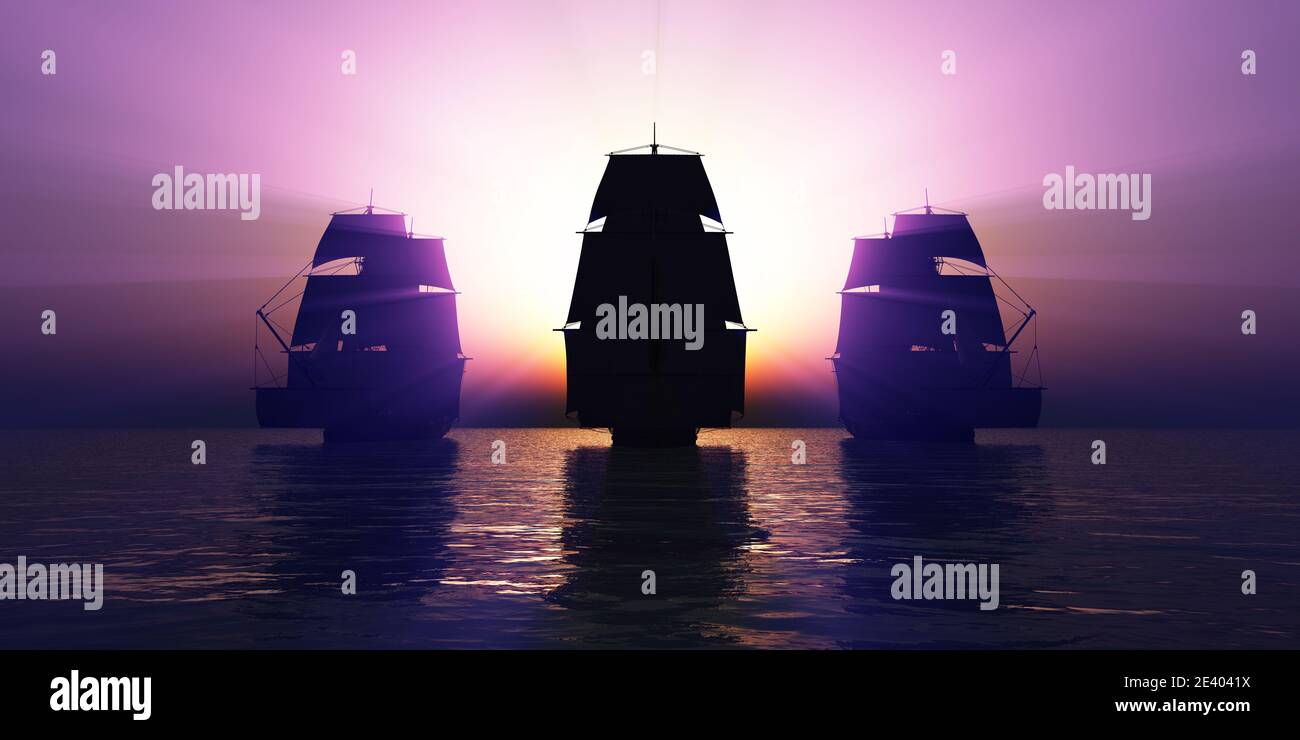 old three ships sunset at sea, 3d rendering illustration Stock Photo ...