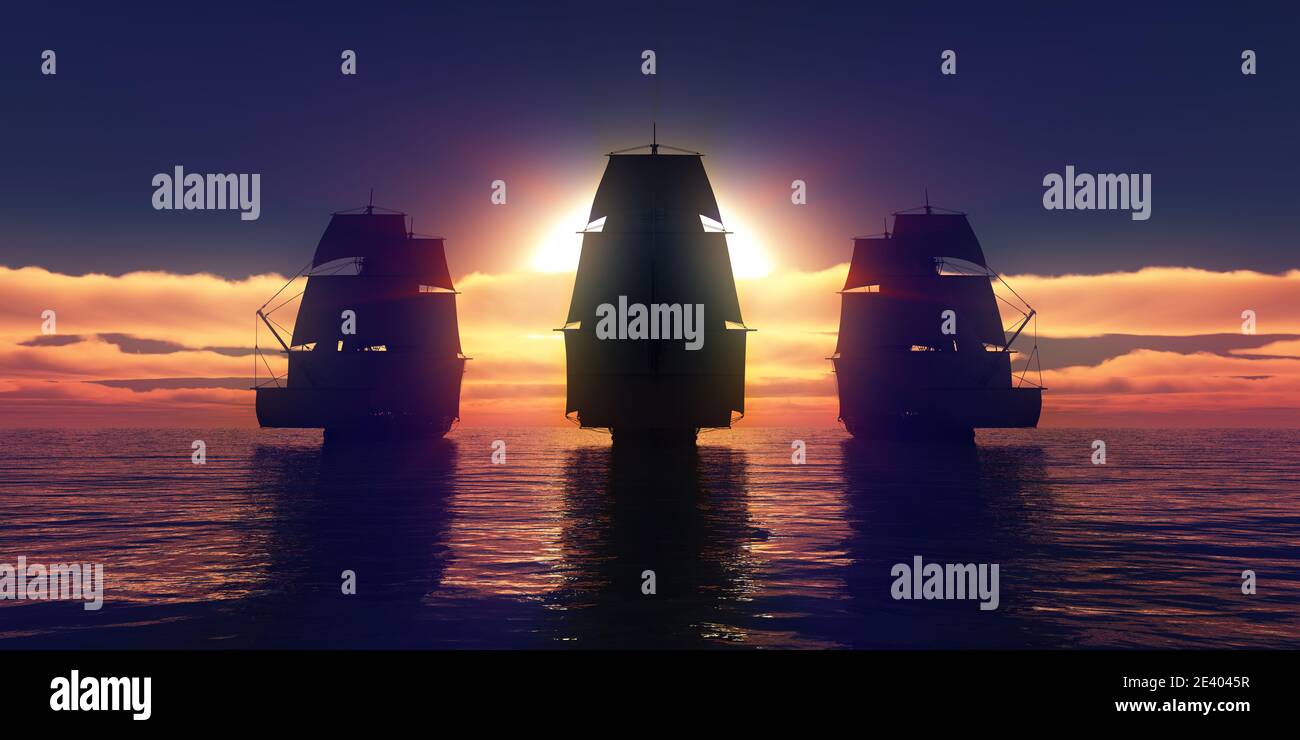 old three ships sunset at sea, 3d rendering illustration Stock Photo ...