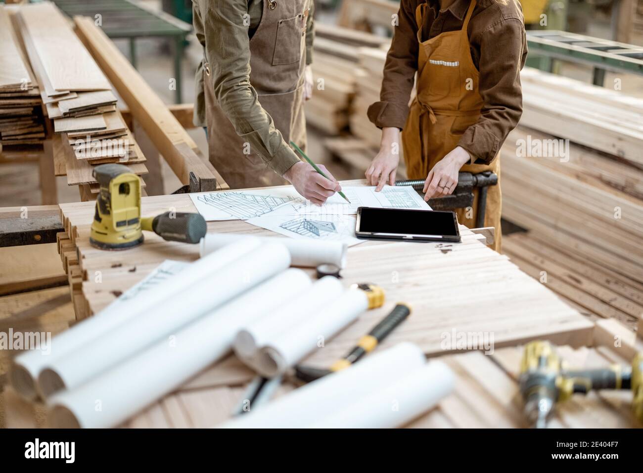 Designing some woodwork at the carpentry Stock Photo - Alamy