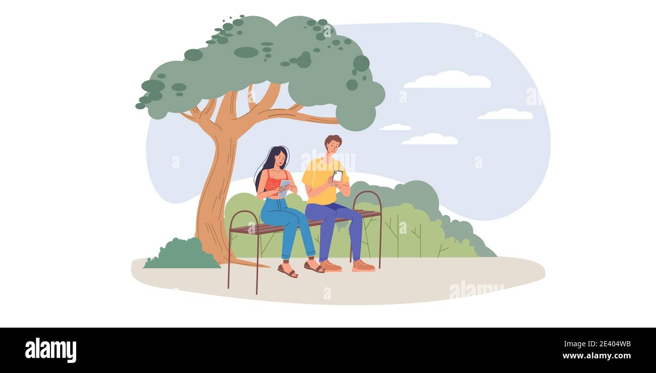 Flat cartoon characters surfing internet, vector illustration concept ...