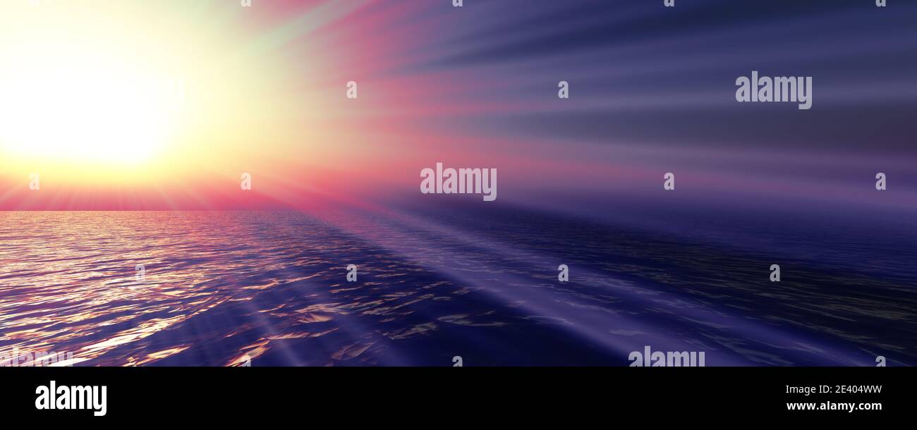sunset sea sun ray clear sky, 3d rendering illustration Stock Photo - Alamy