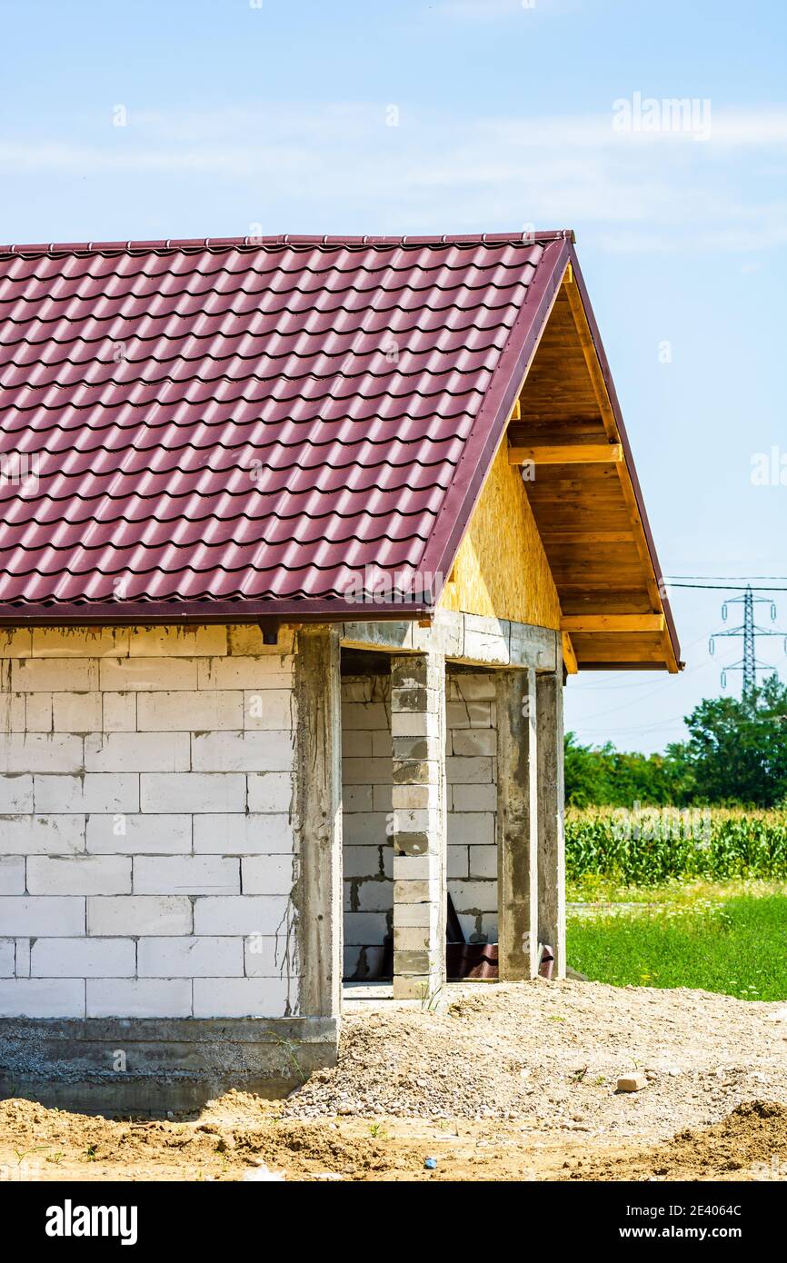 New construction, unfinished small house in a rural area Stock Photo ...