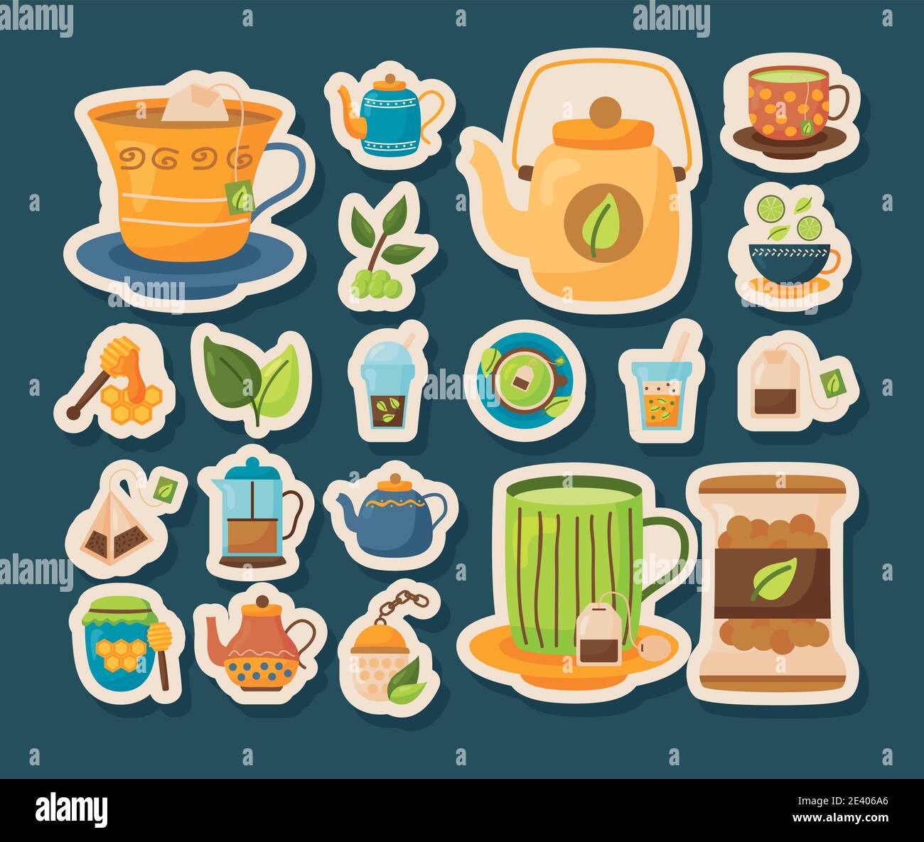 Tea stickers icon set design, Time drink breakfast and beverage theme ...