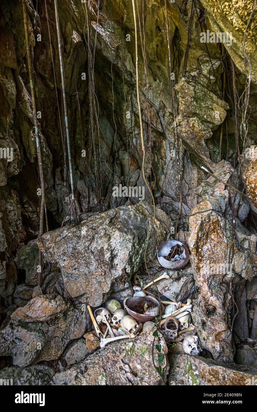 Skulls of cannibals left behind in a cave on the island of Pana Wara ...