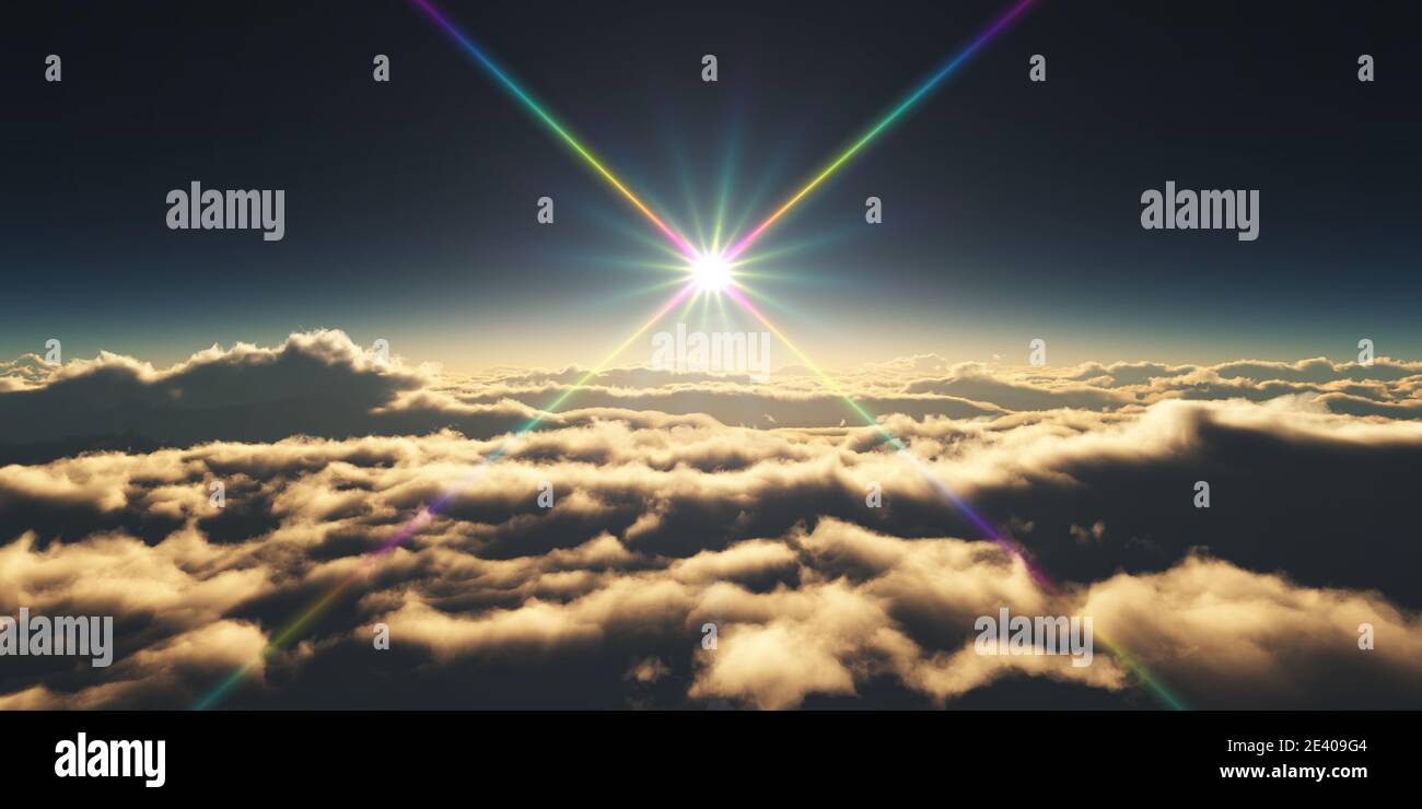 above clouds sunrise sun ray illustration, 3d rendering Stock Photo - Alamy