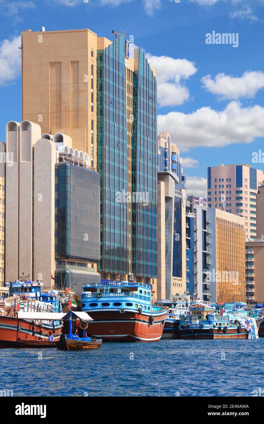 DUBAI, UAE - DECEMBER 9, 2017: Dhow wooden cargo ships at Dubai Creek ...