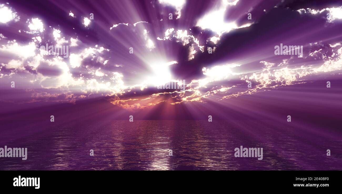 sunset sea sun ray clouds, 3d rendering illustration Stock Photo - Alamy