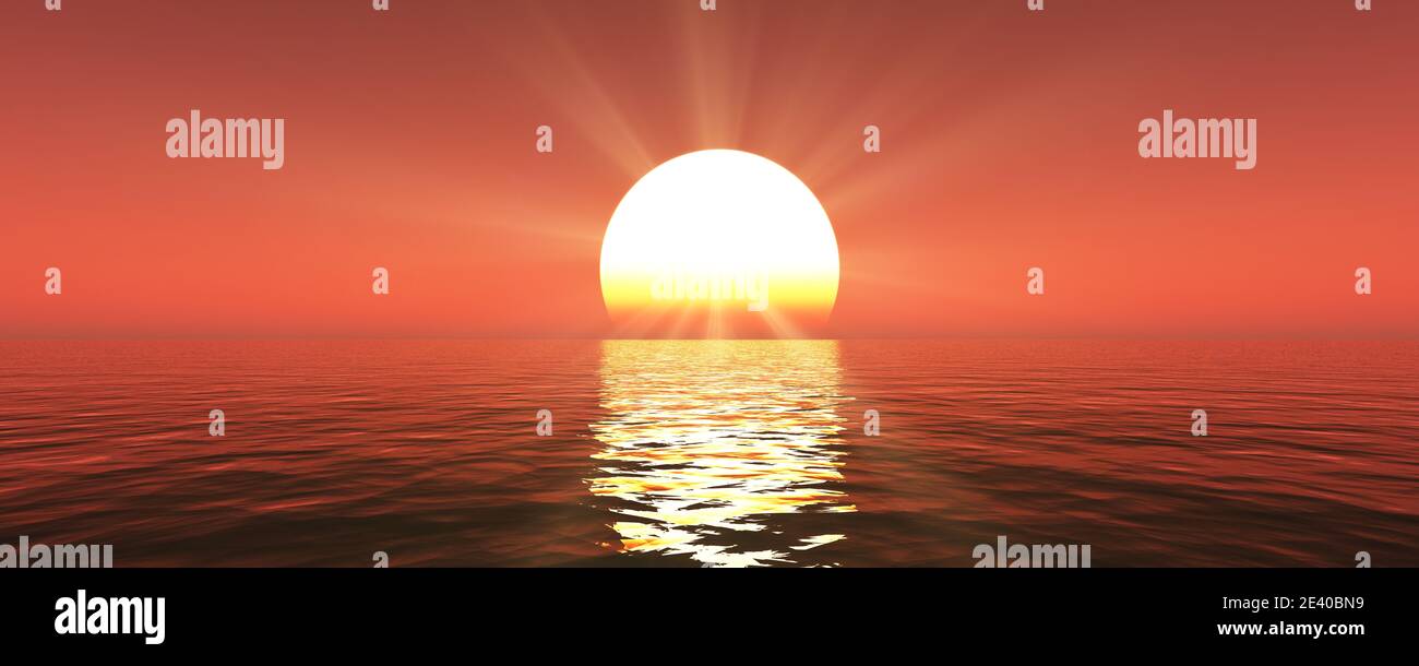 sunset sea sun ray clear sky, 3d rendering illustration Stock Photo - Alamy