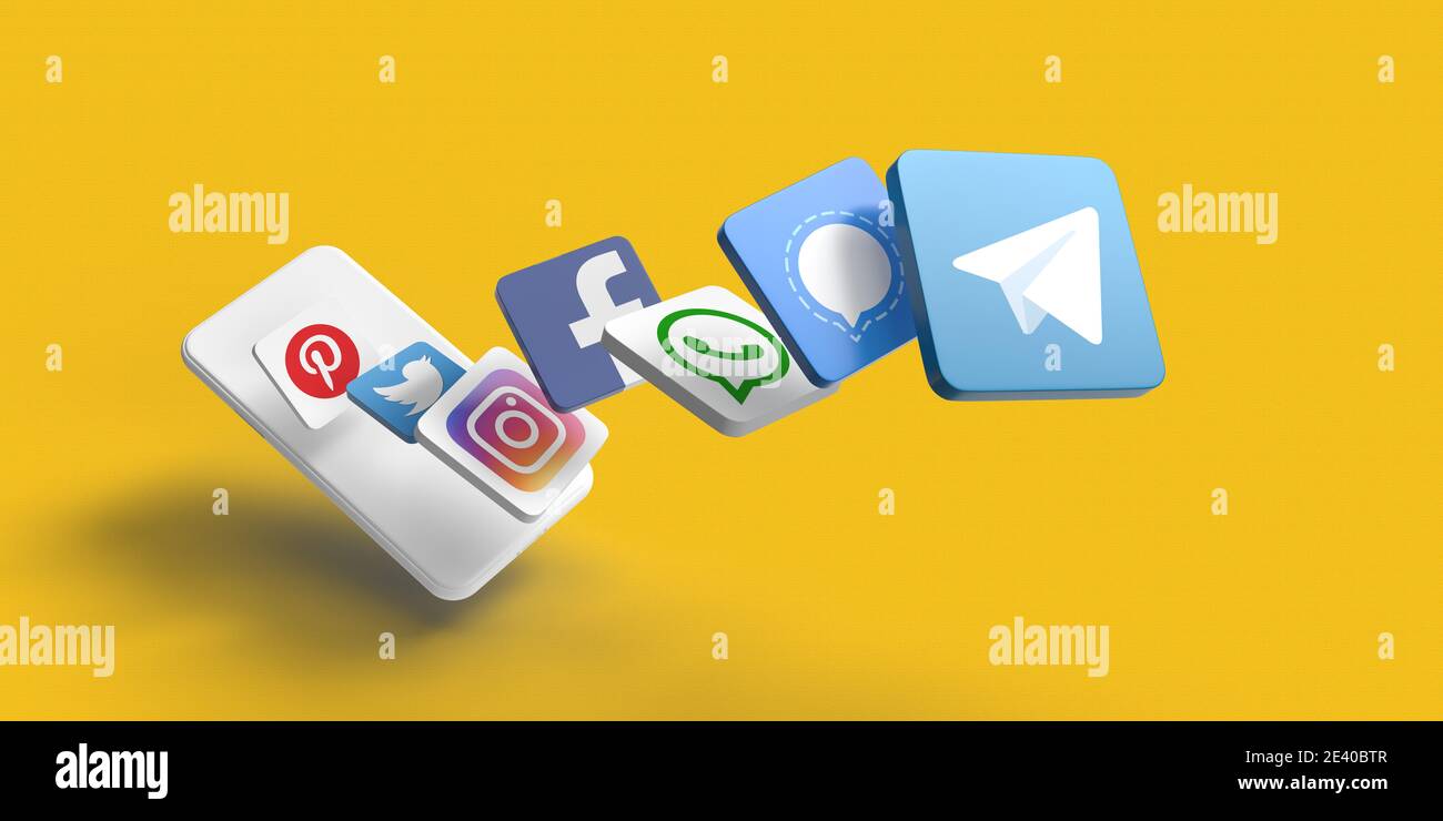 Telegram vs whats app concept. View from above on 3D rendered famous ...