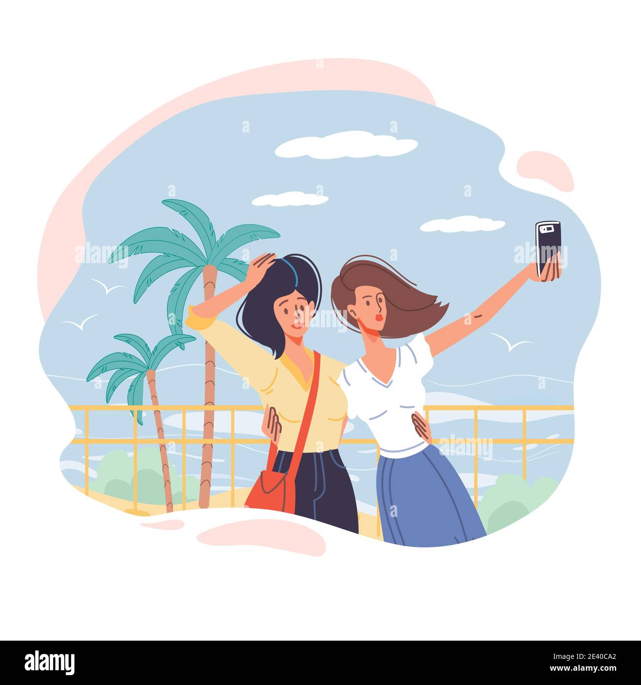 Flat cartoon characters take pictures on travel vacation, vector ...
