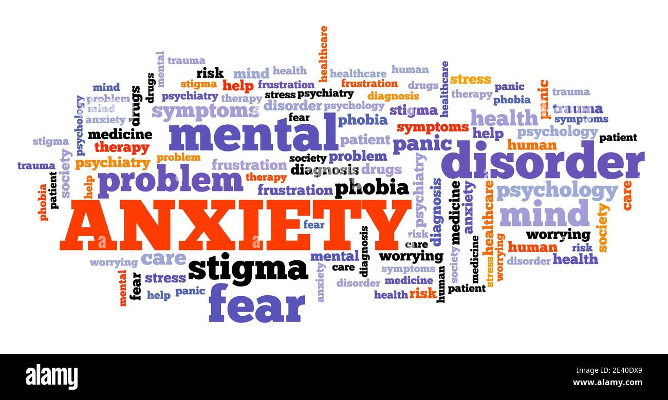 Anxiety concepts. Mental health word cloud sign Stock Photo - Alamy