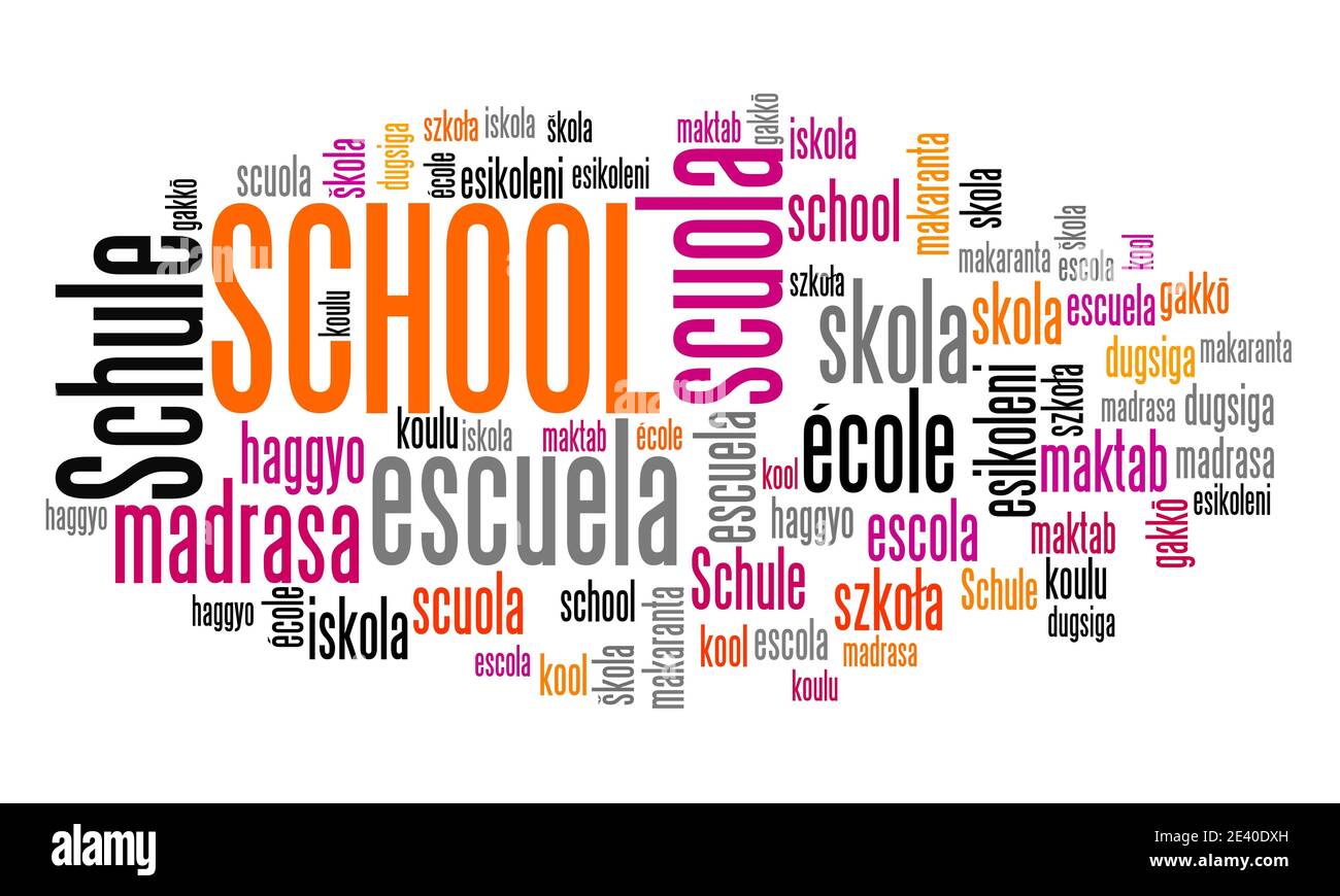 School word in many languages. School translation text collage Stock ...