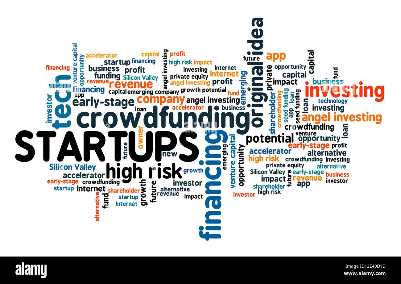 Startups concept. Tech start-up company word cloud sign Stock Photo - Alamy