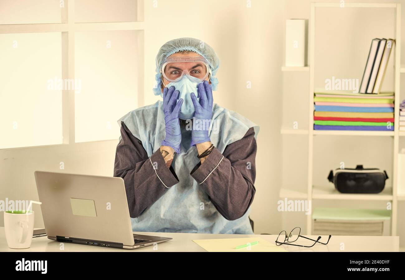 Wearing mask protect from coronavirus. Serious hygiene. Employees who ...