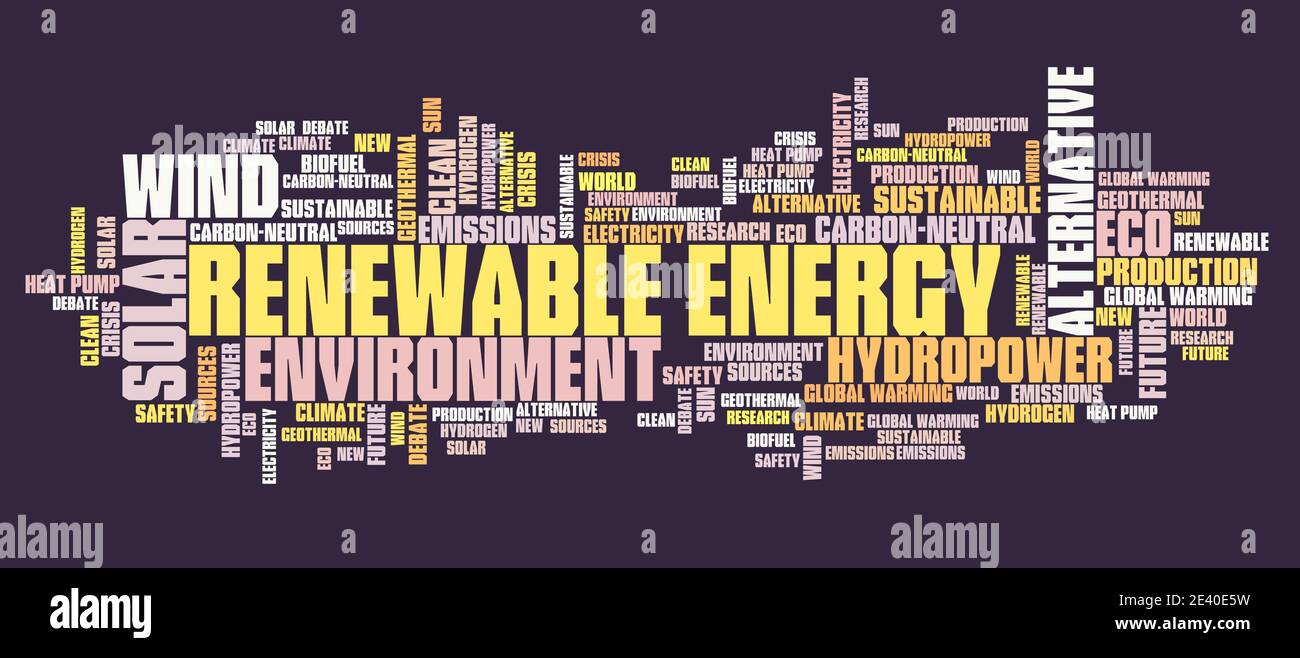Renewable energy concept. Alternative energy sources text cloud sign ...