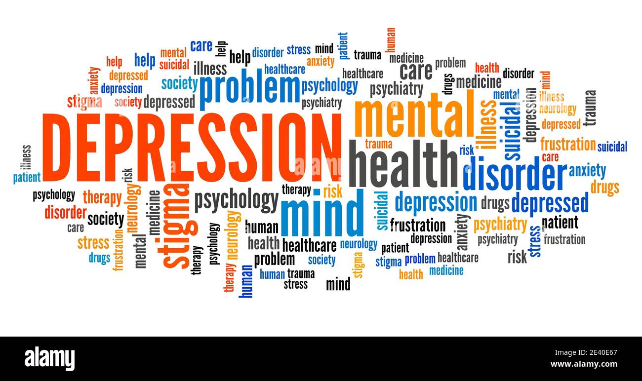 Depression concepts. Mental health word cloud sign Stock Photo - Alamy