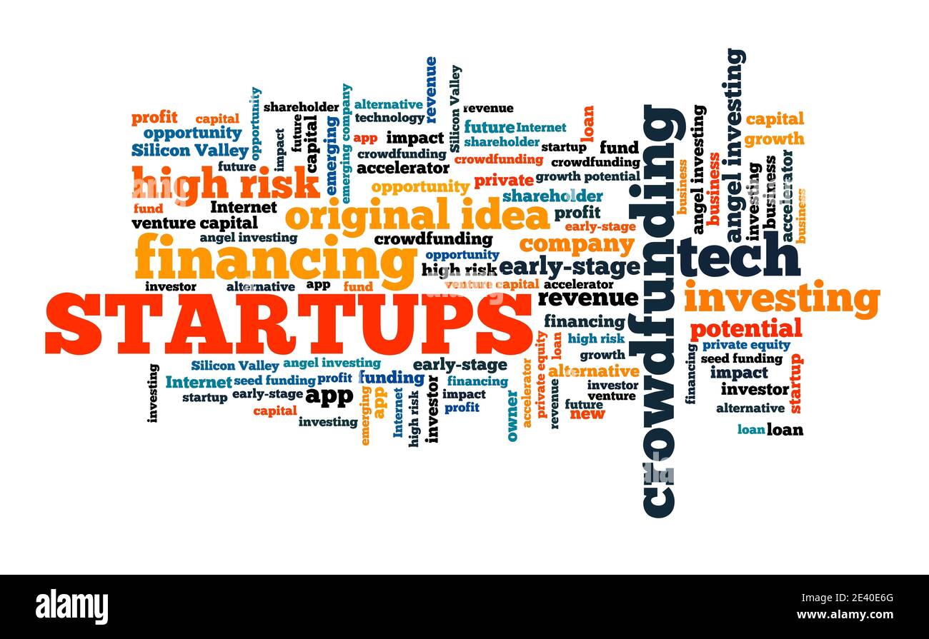 Startups concept. Tech start-up company word cloud sign Stock Photo - Alamy