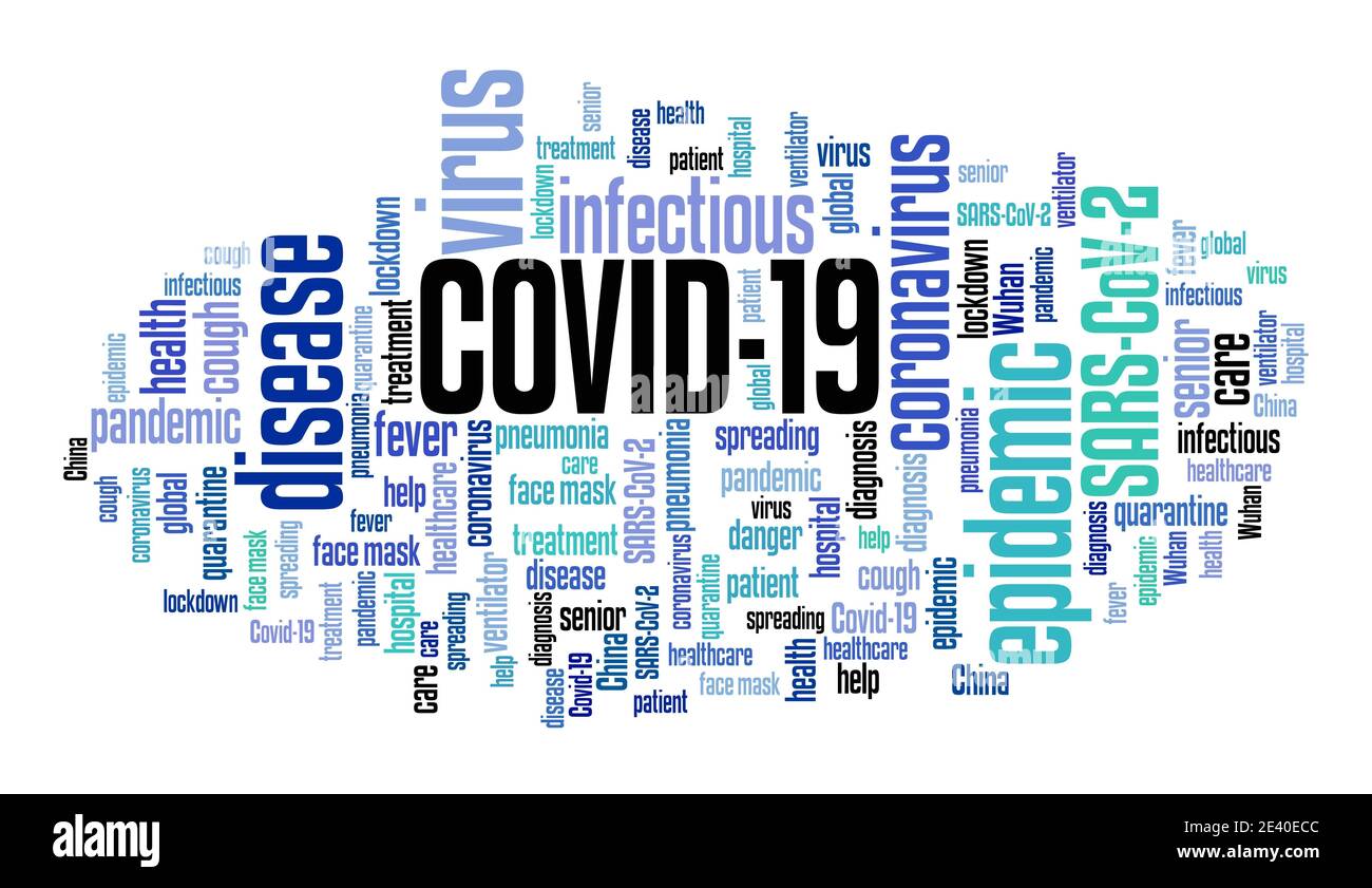 COVID-19 word cloud collage. Coronavirus pandemic words. Healthcare ...