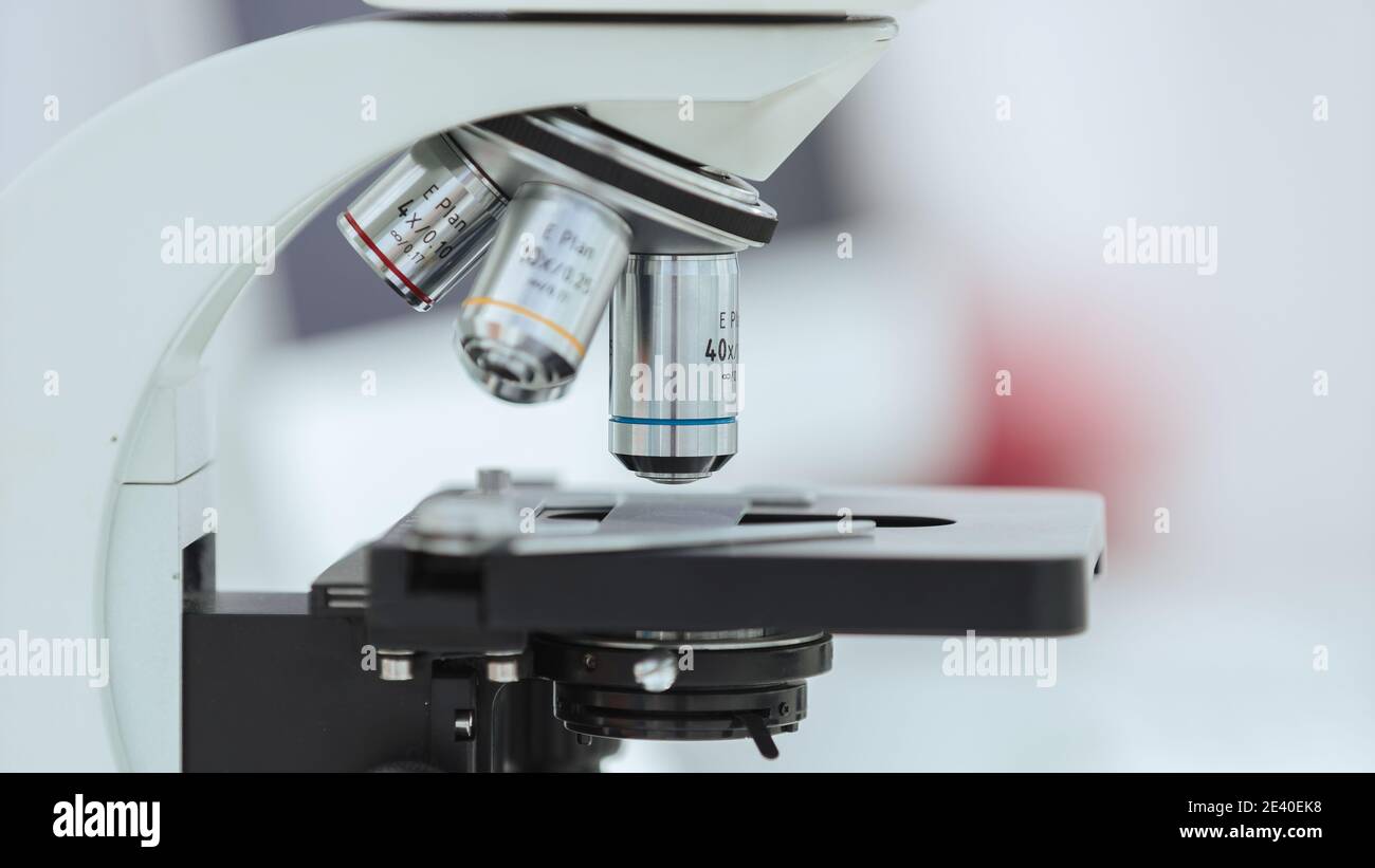 microscope with a sample on the table in the laboratory Stock Photo - Alamy