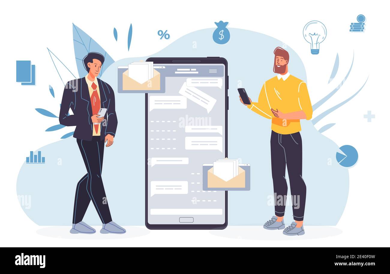 Flat cartoon characters online chat vector illustration concept Stock ...