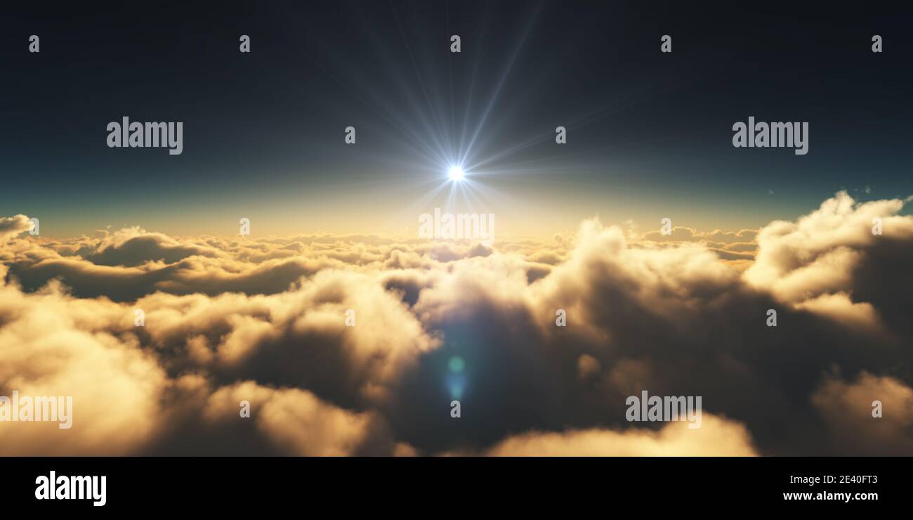 above clouds sunrise sun ray illustration, 3d rendering Stock Photo - Alamy
