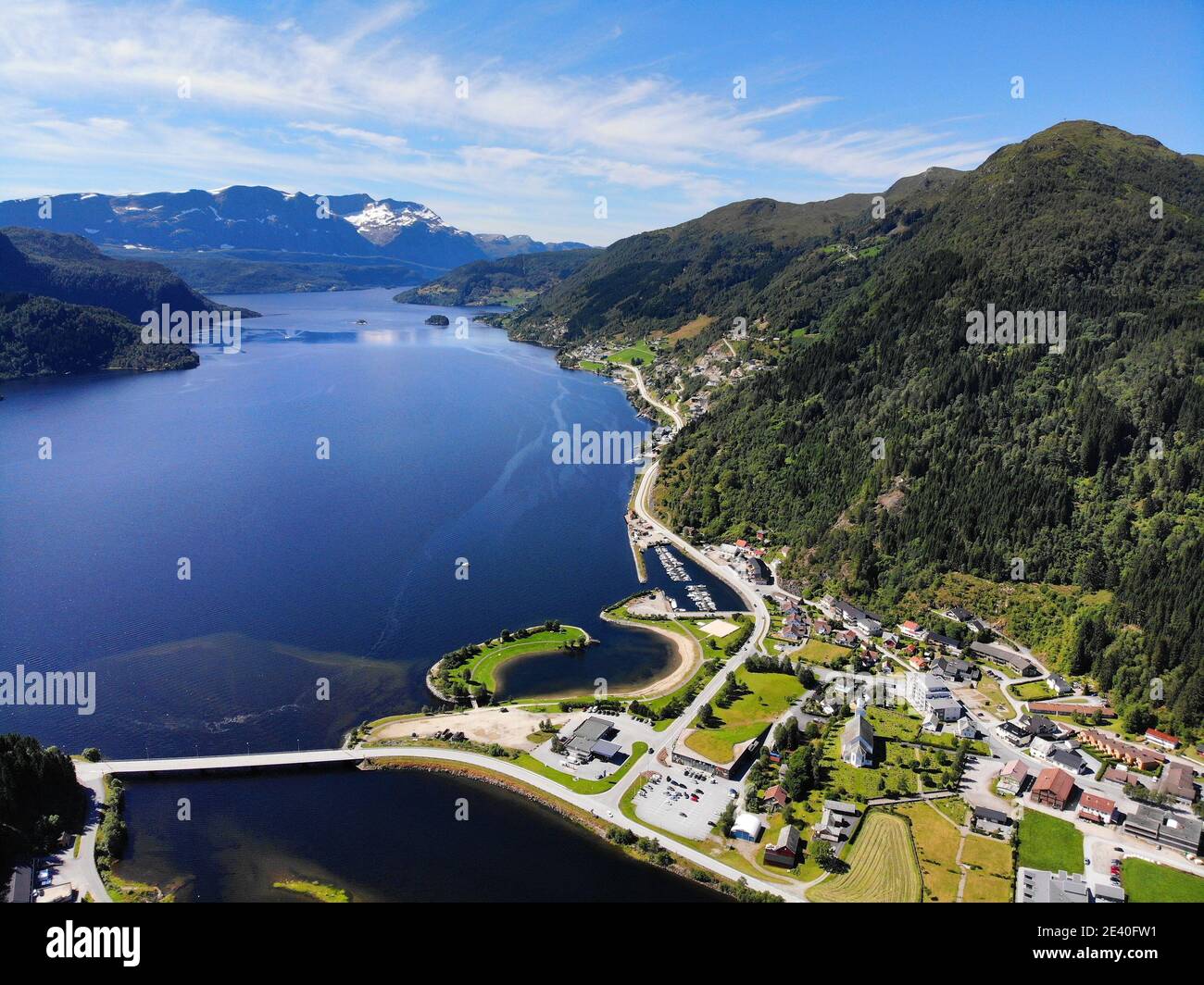 Naustdal, Norway and Forde Fjord (Fordefjorden) seen from a drone ...