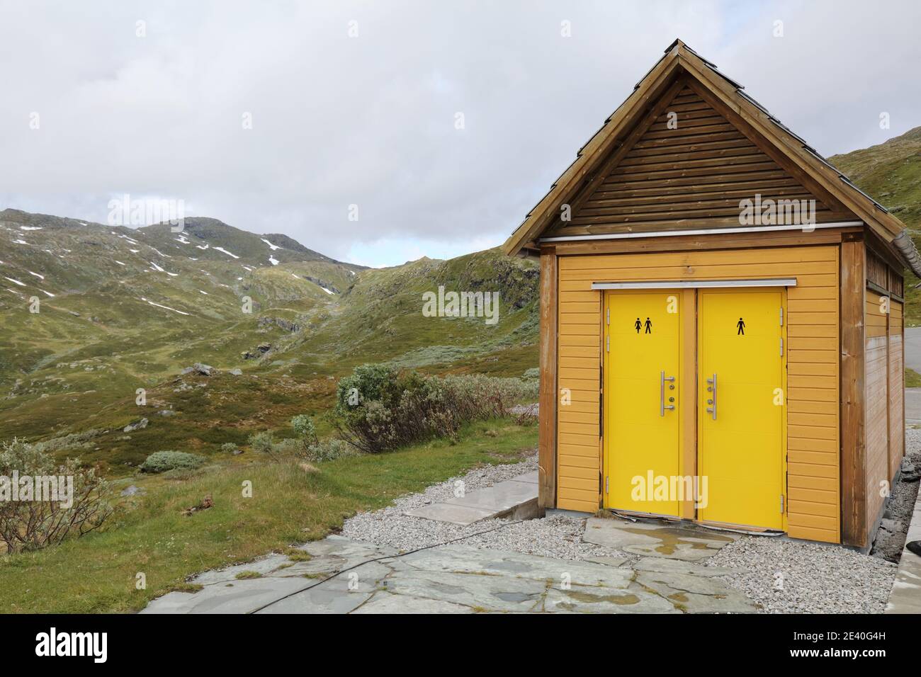 Tourist public restroom at a rest area in Jotunheimen National Park ...