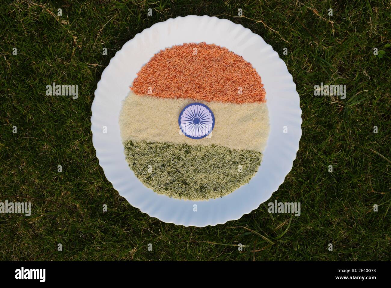 Indian flag tri color theme depicted by natural colored rice grains on ...