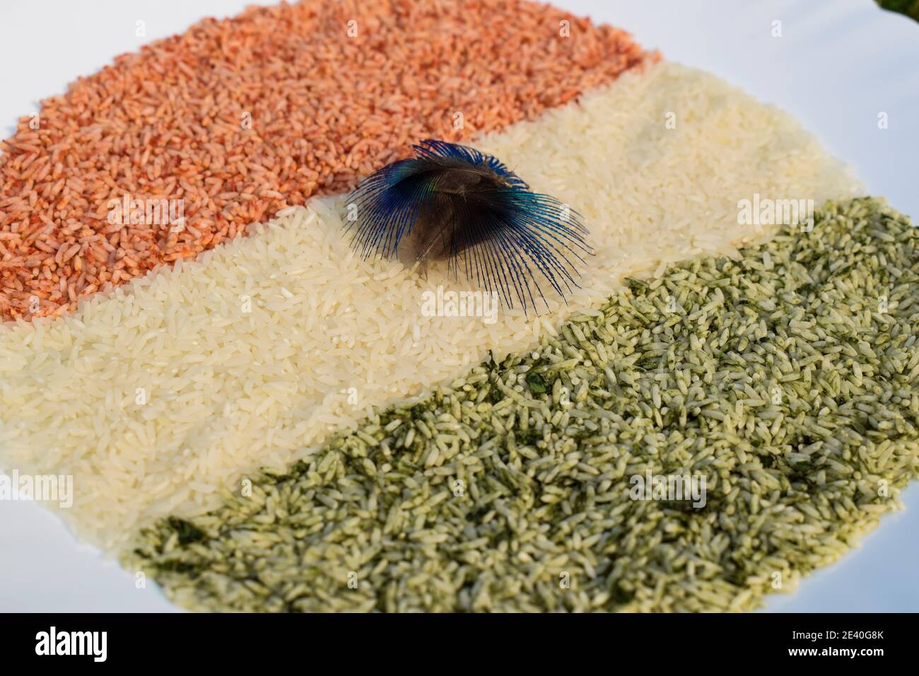Indian flag tri color theme depicted by natural colored rice grains on ...