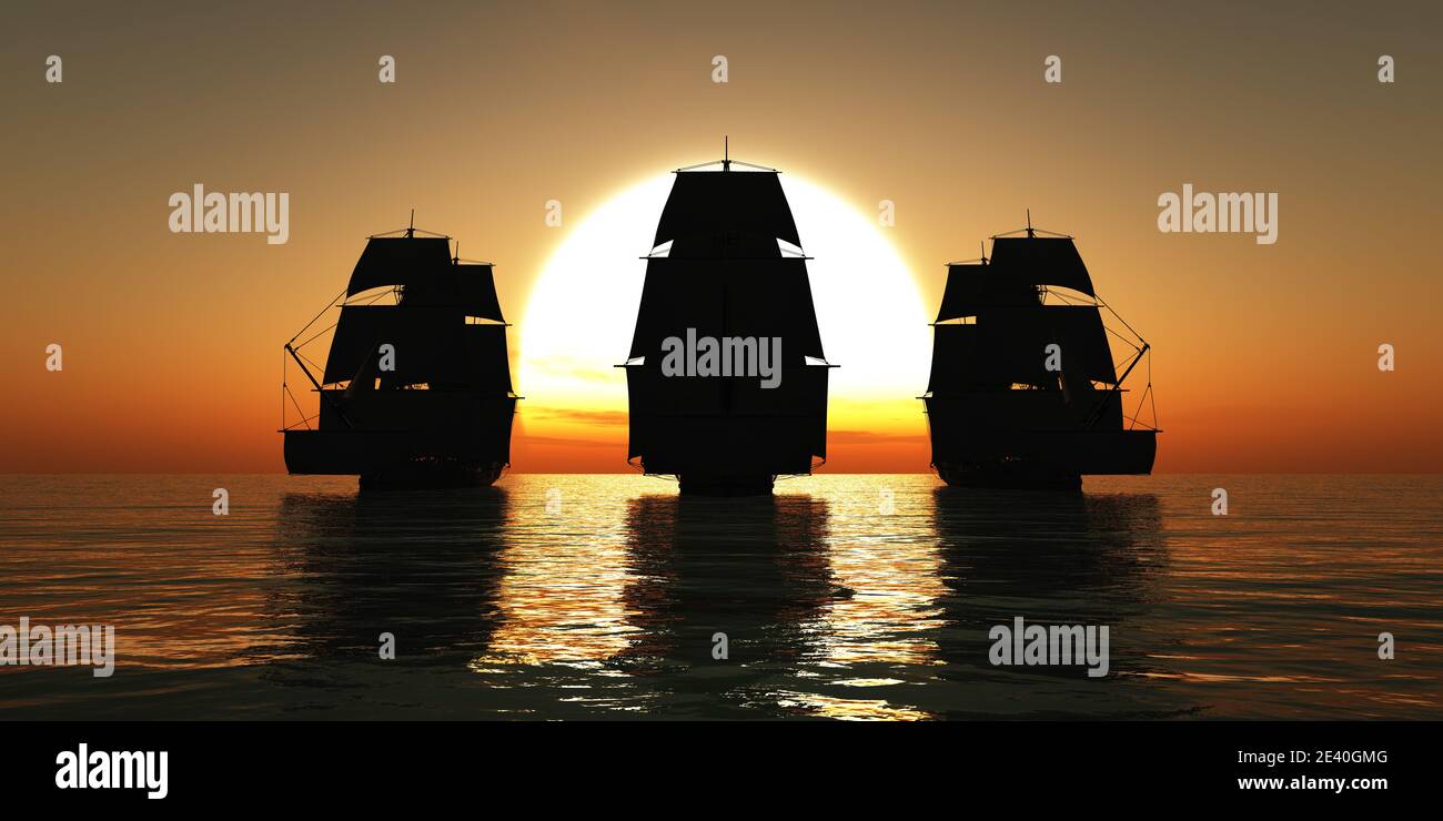 old three ships sunset at sea, 3d rendering illustration Stock Photo ...
