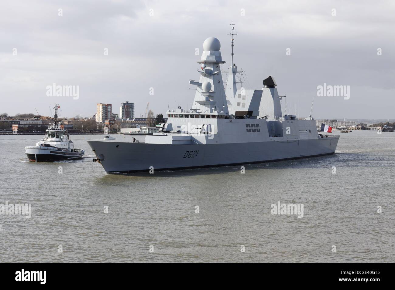 The tug TEMPEST escorts the French Marine Nationale Horizon class frigate FS CHEVALIER PAUL as ...