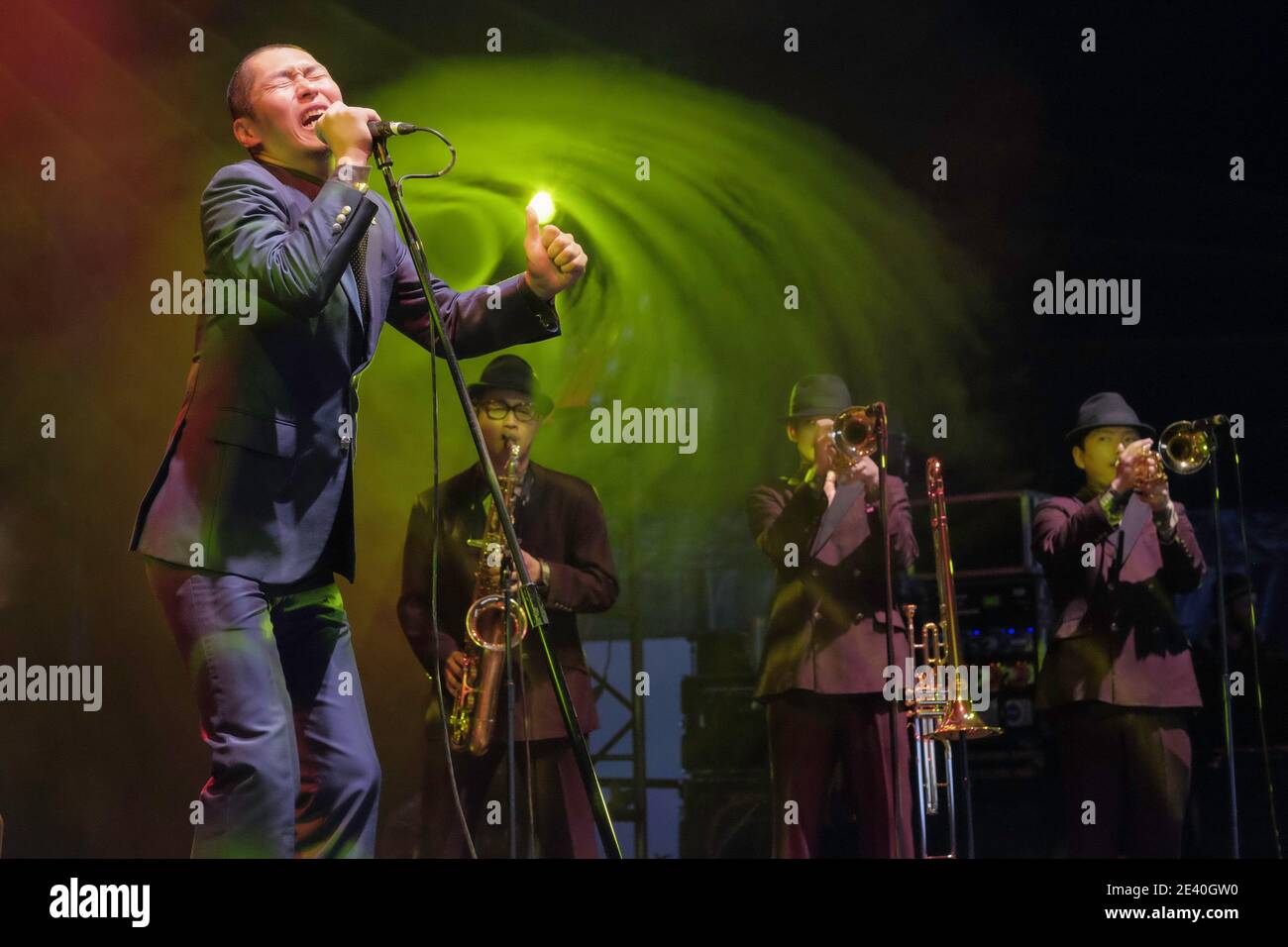 Japanese funk band, Ryo Nakata of Osaka Monaurail performing at Womad ...