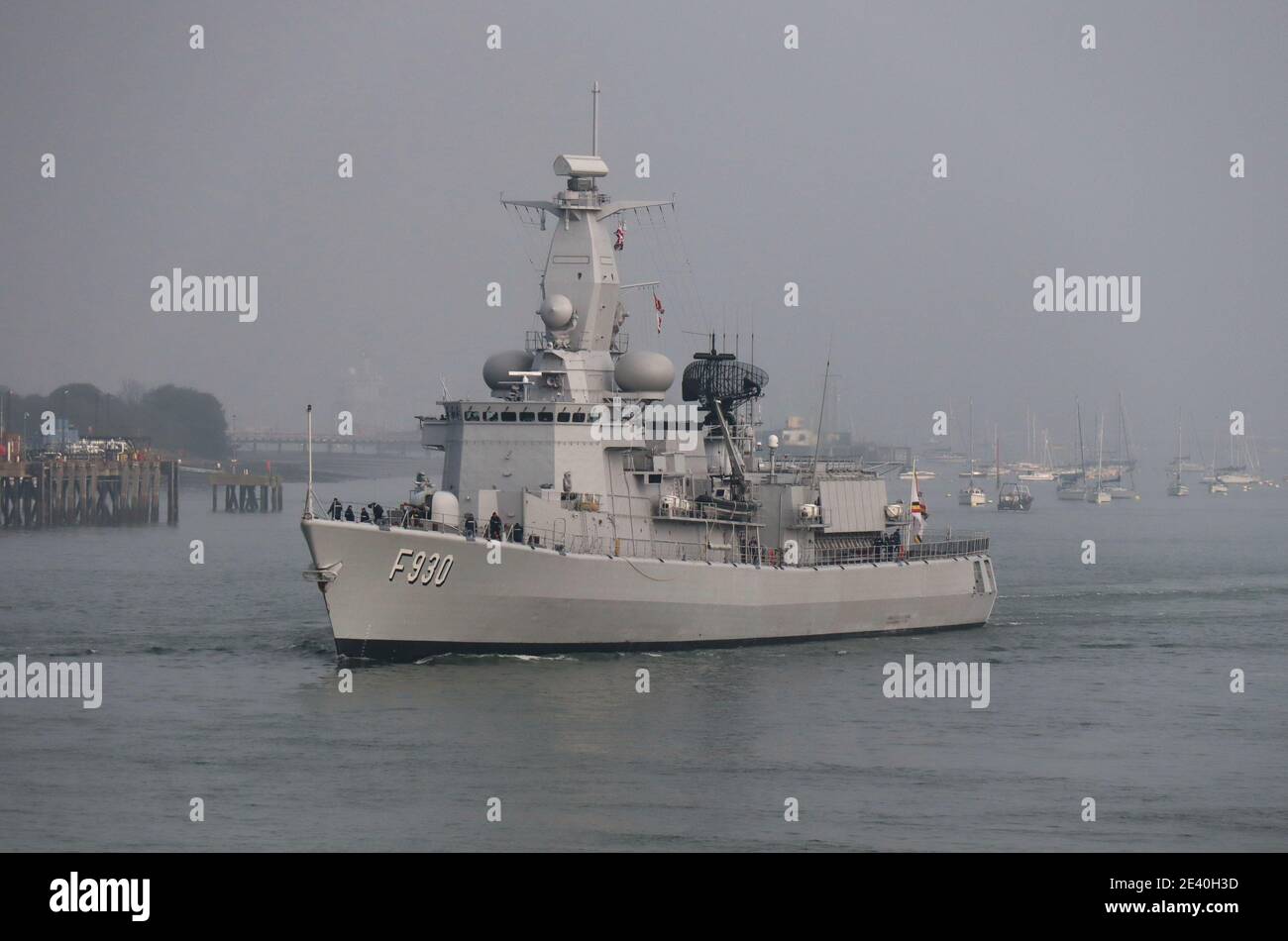 The Belgian Naval frigate BNS LEOPOLD 1 departs through the morning sea ...