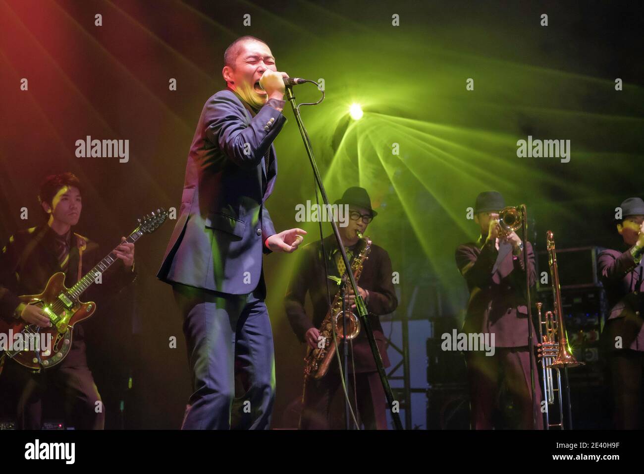 Japanese funk band, Ryo Nakata of Osaka Monaurail performing at Womad ...