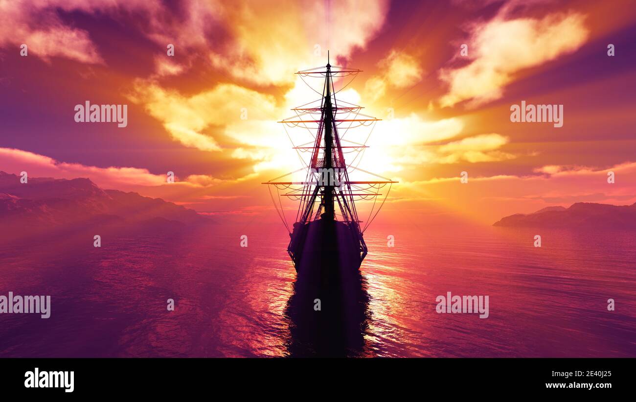 old ship sunset at sea illustration 3d rendering Stock Photo - Alamy