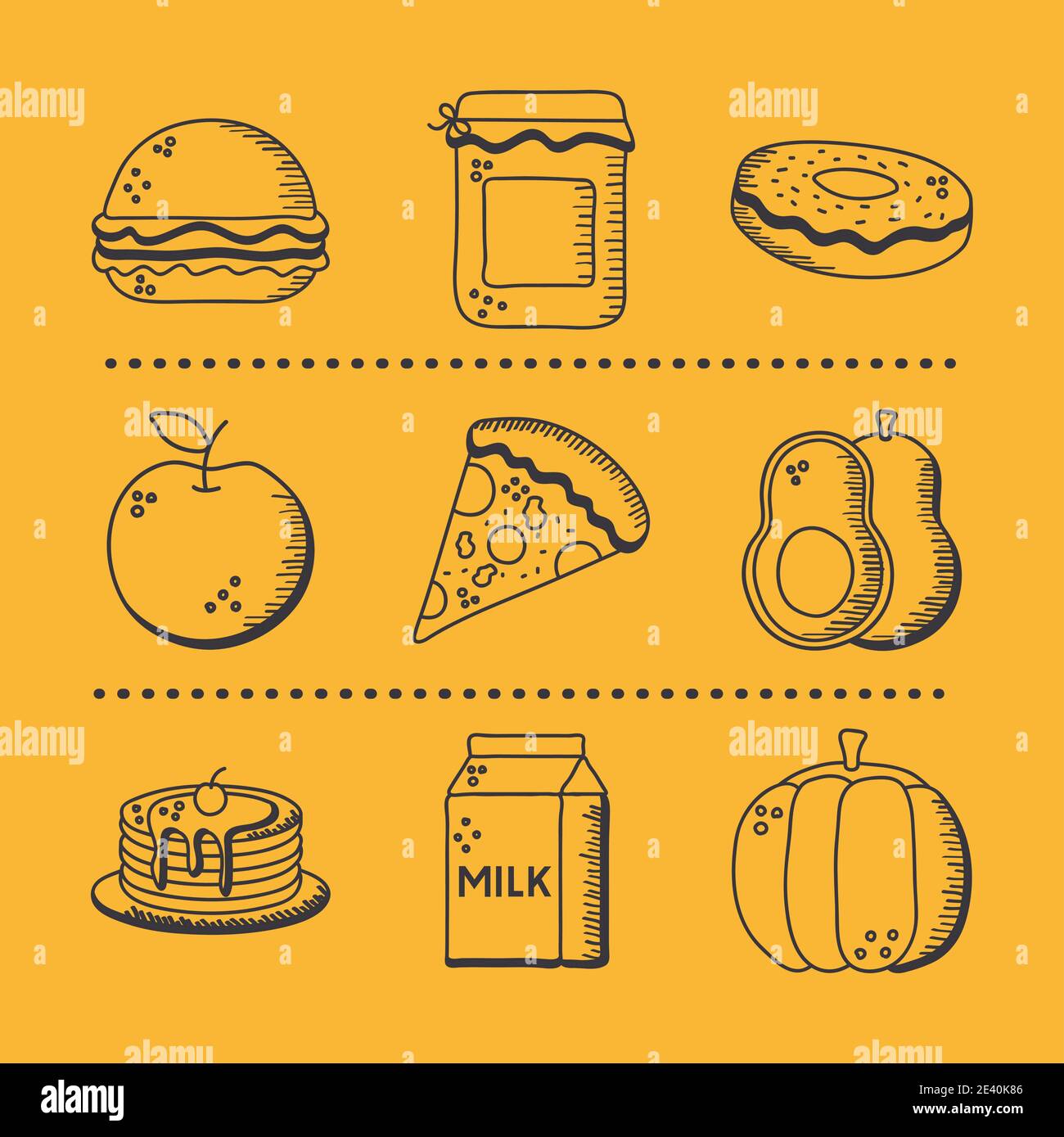 Food hand draw and line style icon set design of eat restaurant and ...