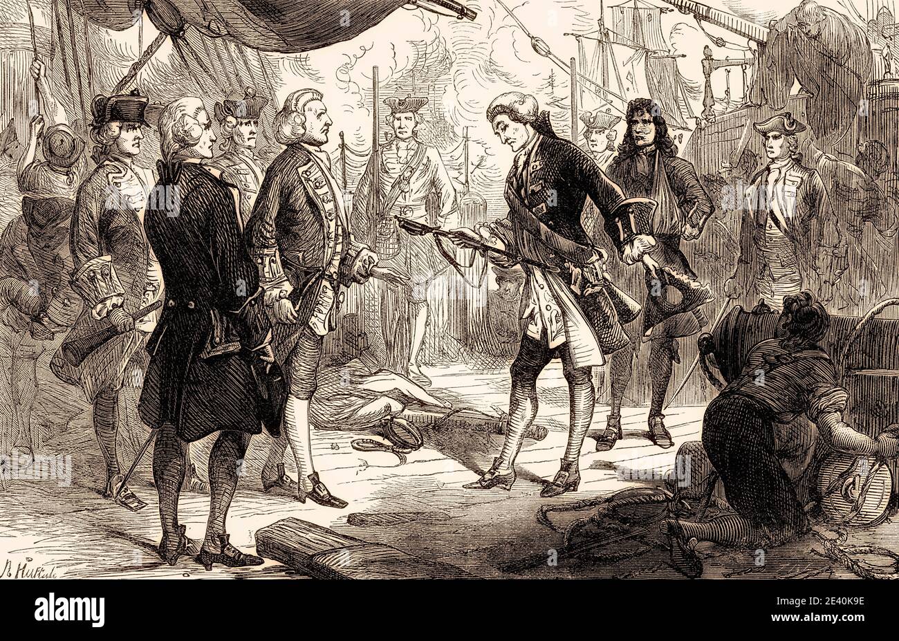 Chevalier de Saint-George of Invincible surrenders his sword to Admiral ...