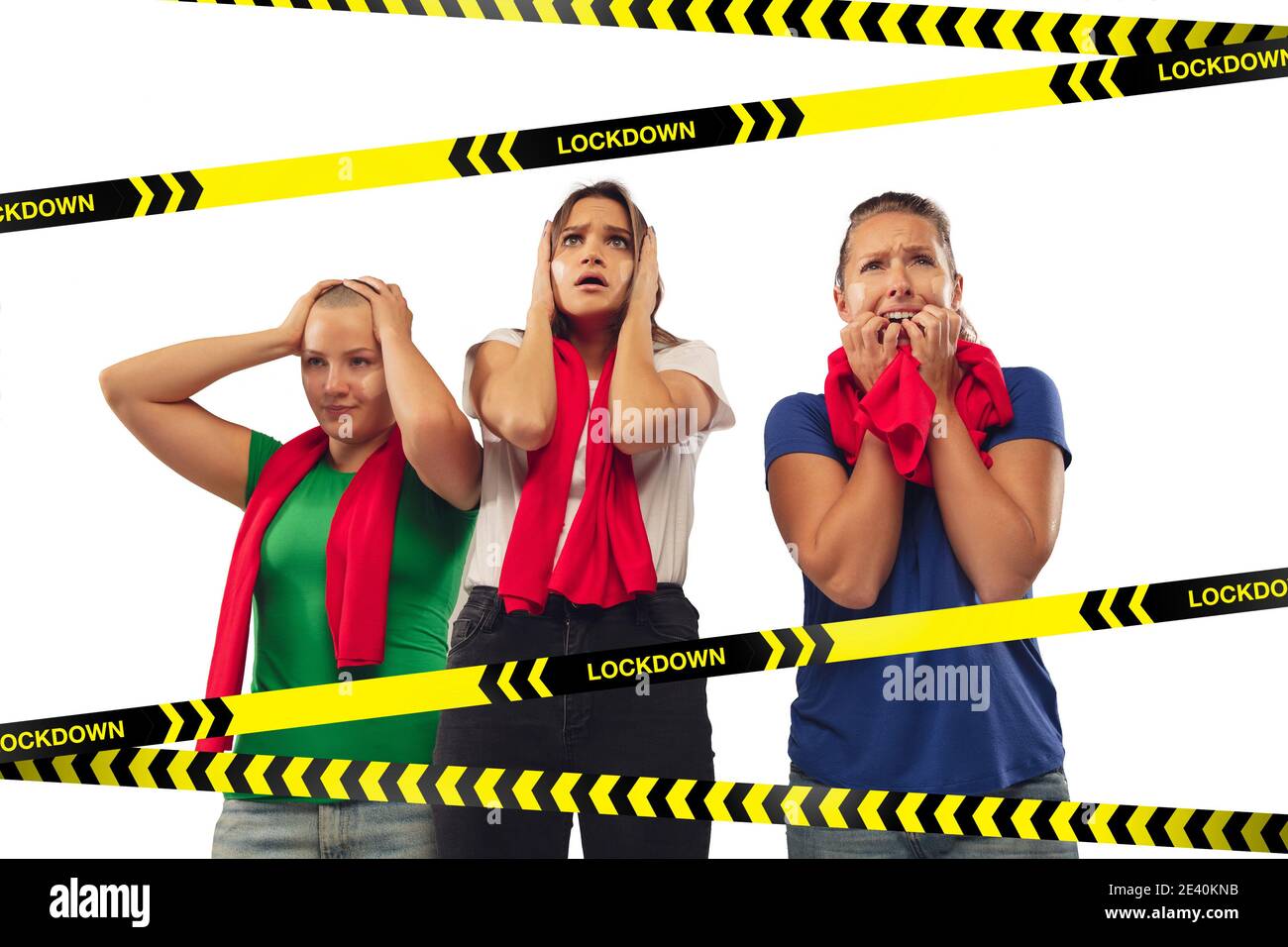 Excited, shocked female soccer fans cheering for favourite sport team ...