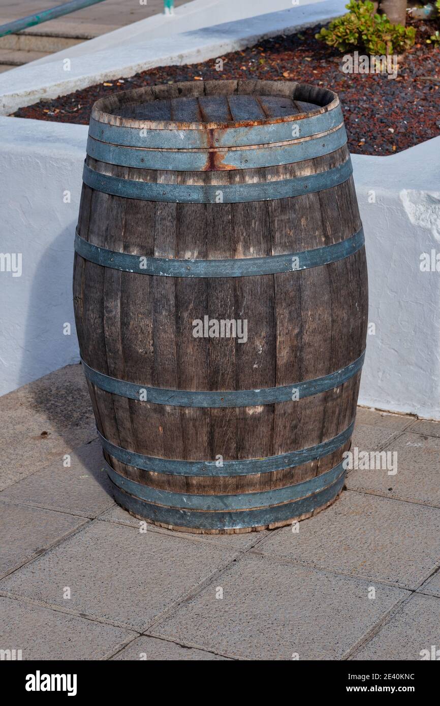 Oak barrel on the street. Barrel table at the bar. The barrel in ...