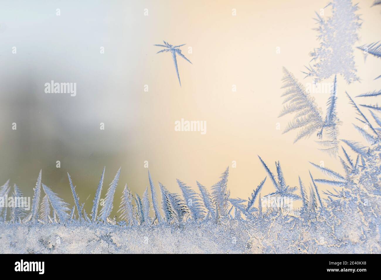 Frost patterns on the glass of the winter window in freezing cold ...