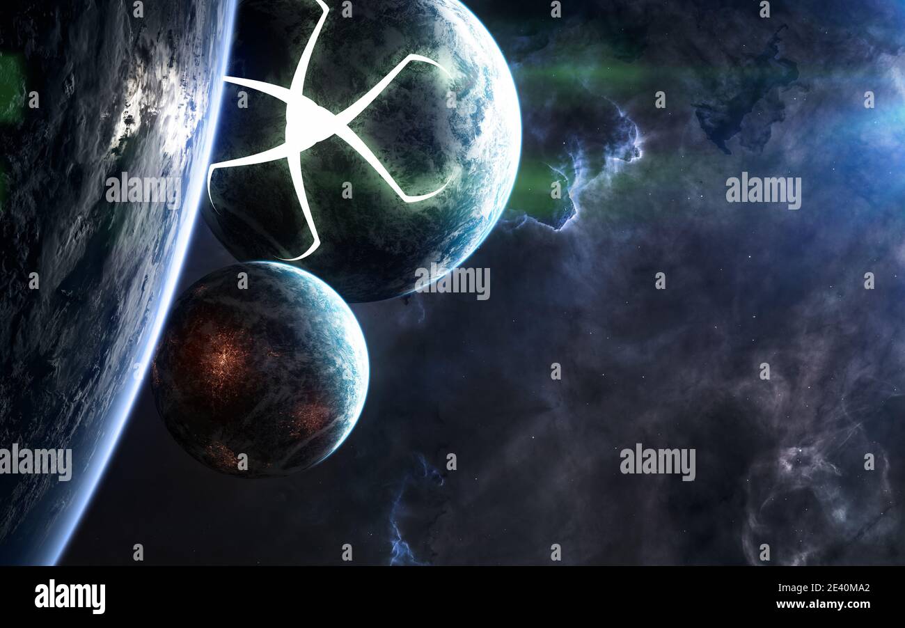 Deep space planets. Giant glowing structures on the planet's surface ...