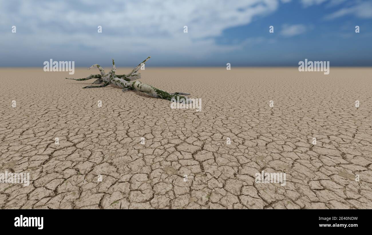 Concept or conceptual desert landscape with a parched tree trunck as a ...