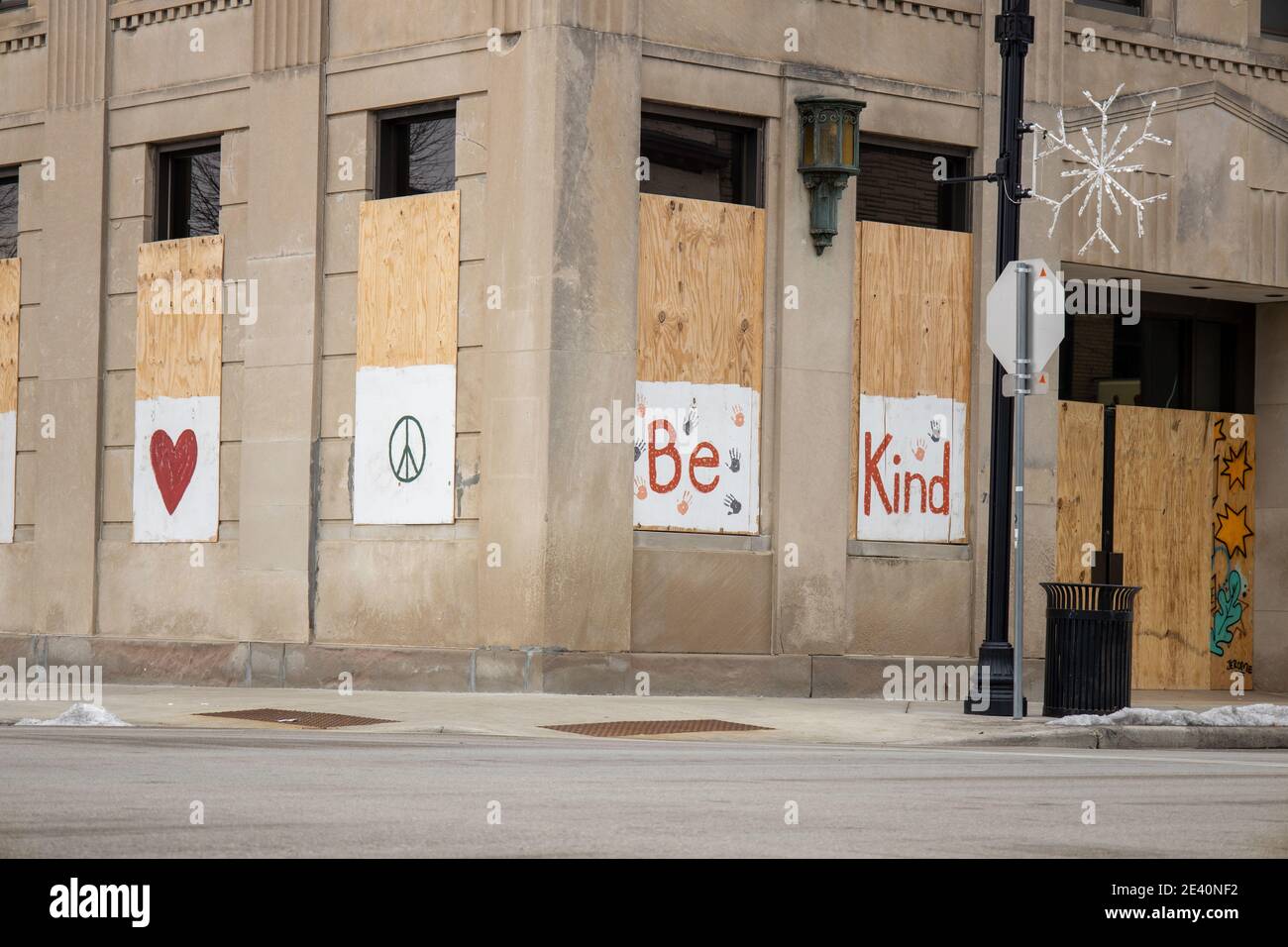 KENOSHA, UNITED STATES - Jan 18, 2021: Windows and doors boarded up in ...