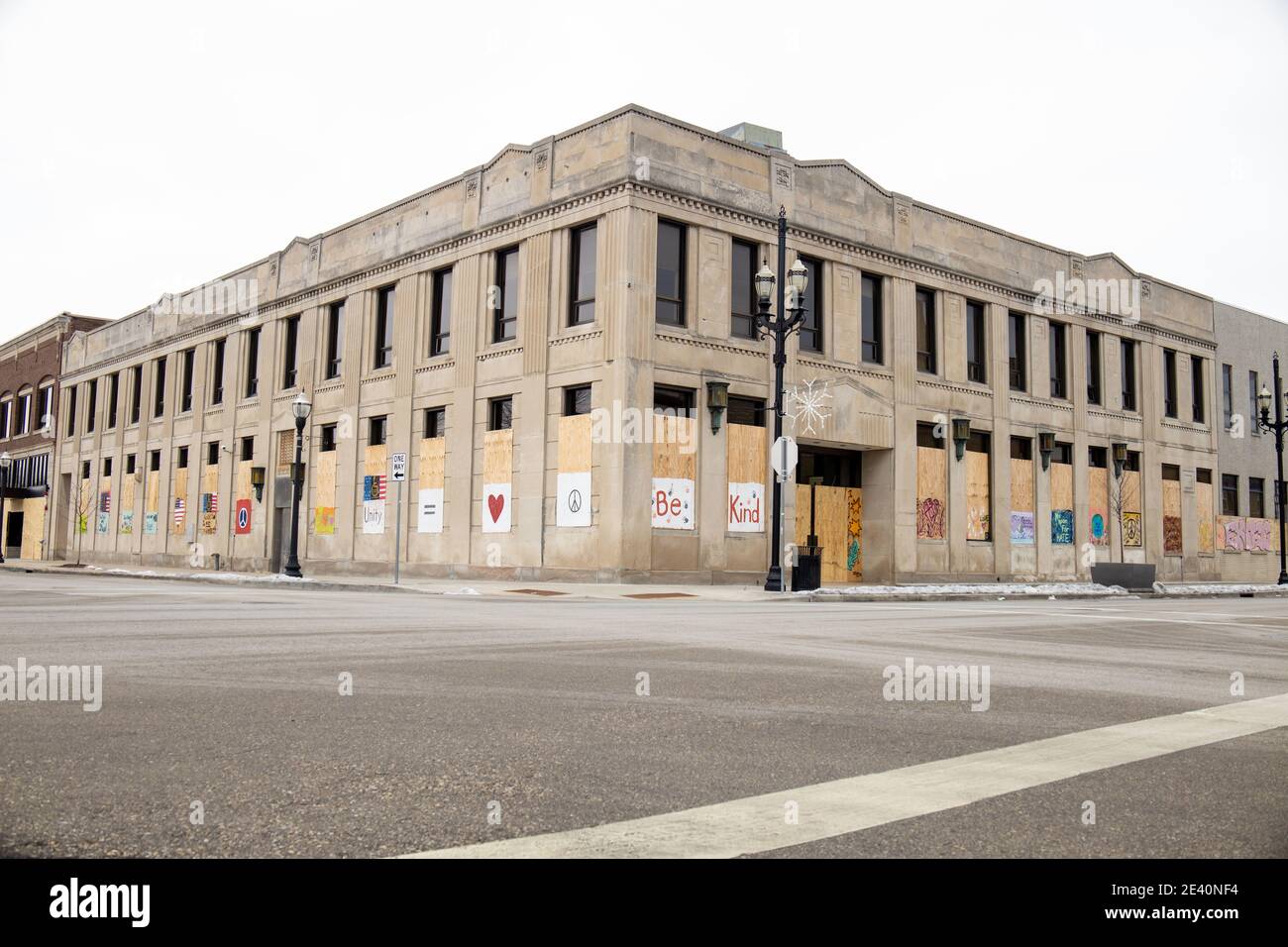 KENOSHA, UNITED STATES - Jan 18, 2021: Windows and doors boarded up in ...